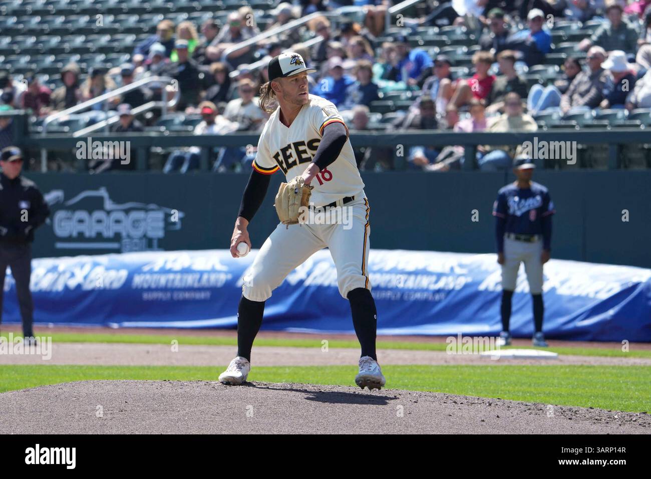 April 13 2025: Salt Lake pitcher Shaun Anderson (18) throws a pitch ...
