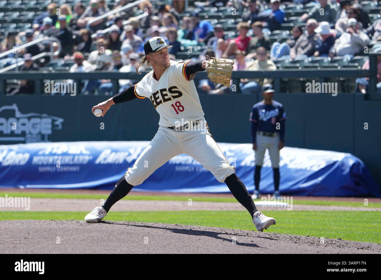 April 13 2025: Salt Lake pitcher Shaun Anderson (18) throws a pitch ...