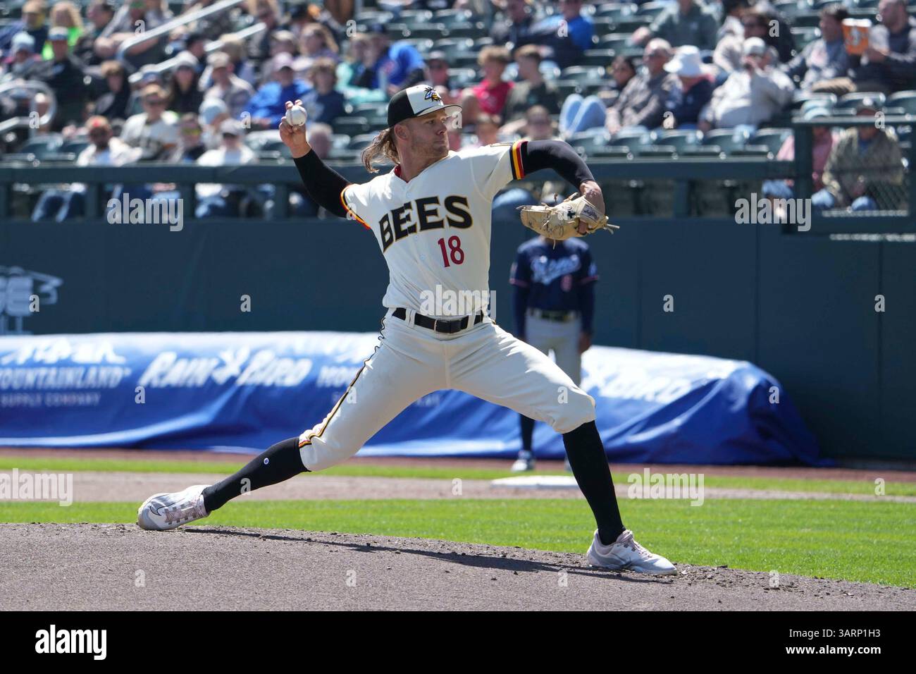 April 13 2025: Salt Lake pitcher Shaun Anderson (18) throws a pitch ...