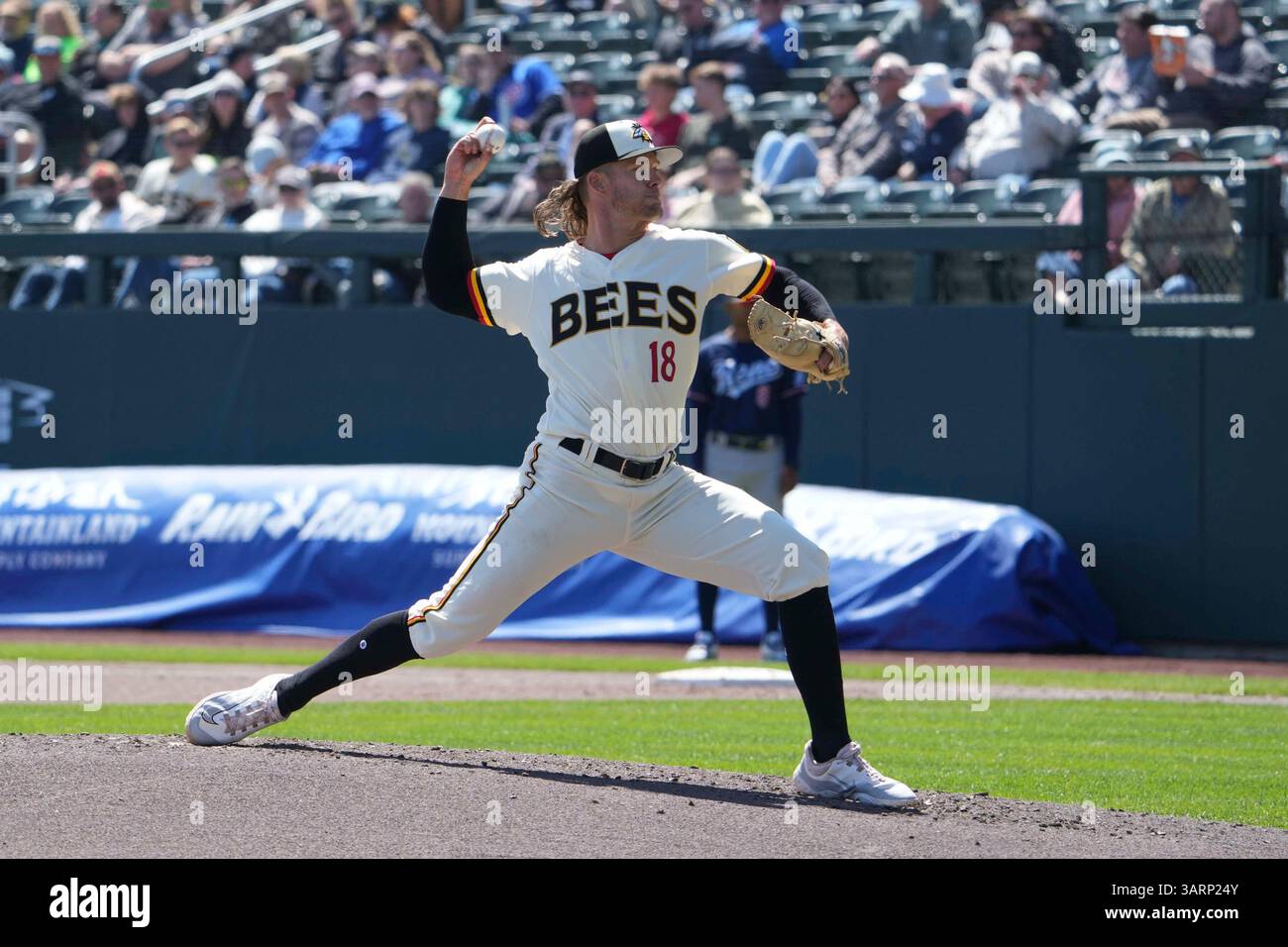 April 13 2025: Salt Lake pitcher Shaun Anderson (18) throws a pitch ...