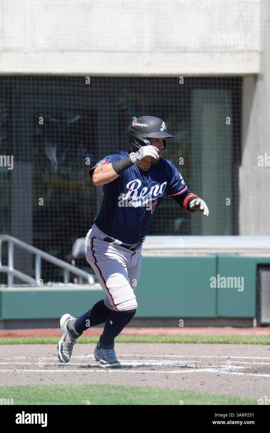 April 13 2025: Reno infielder Jordan Lawlar (10) hits a homer during ...