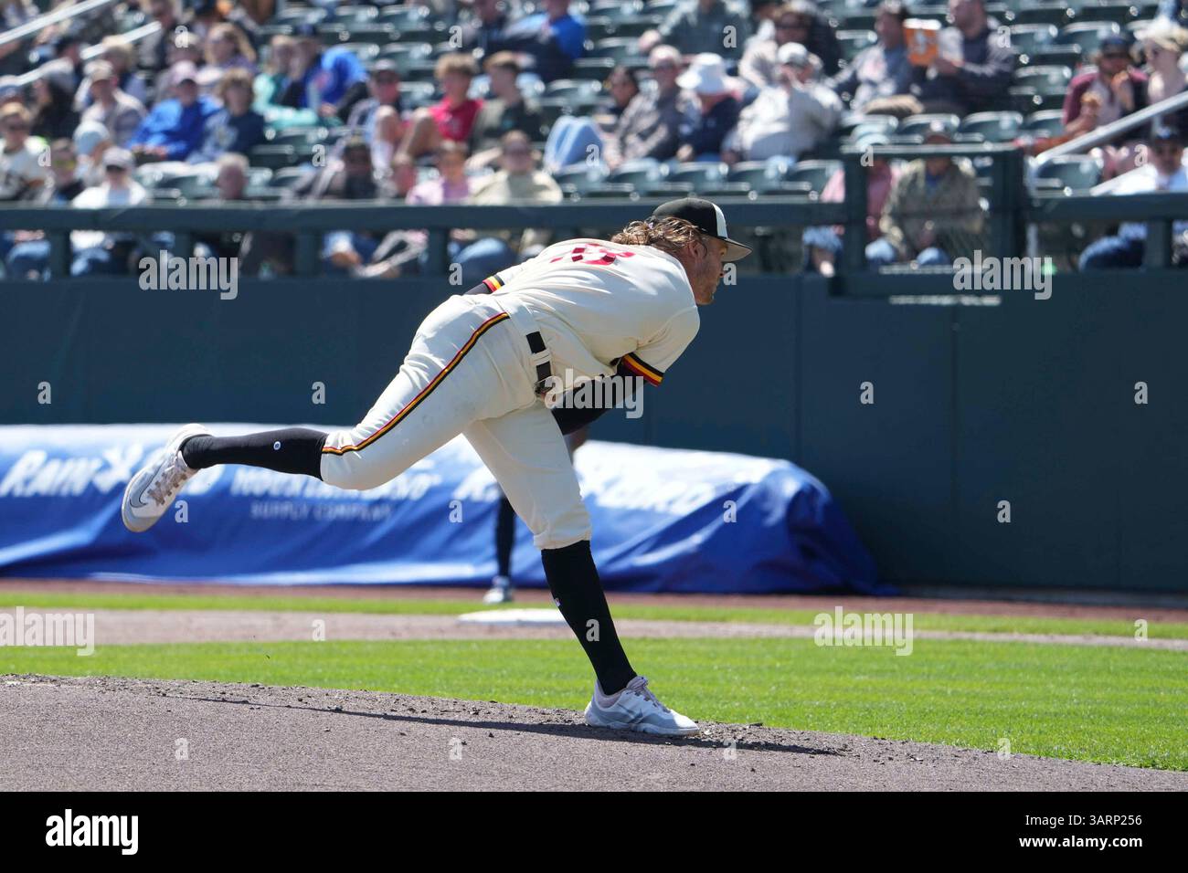 April 13 2025: Salt Lake pitcher Shaun Anderson (18) throws a pitch ...
