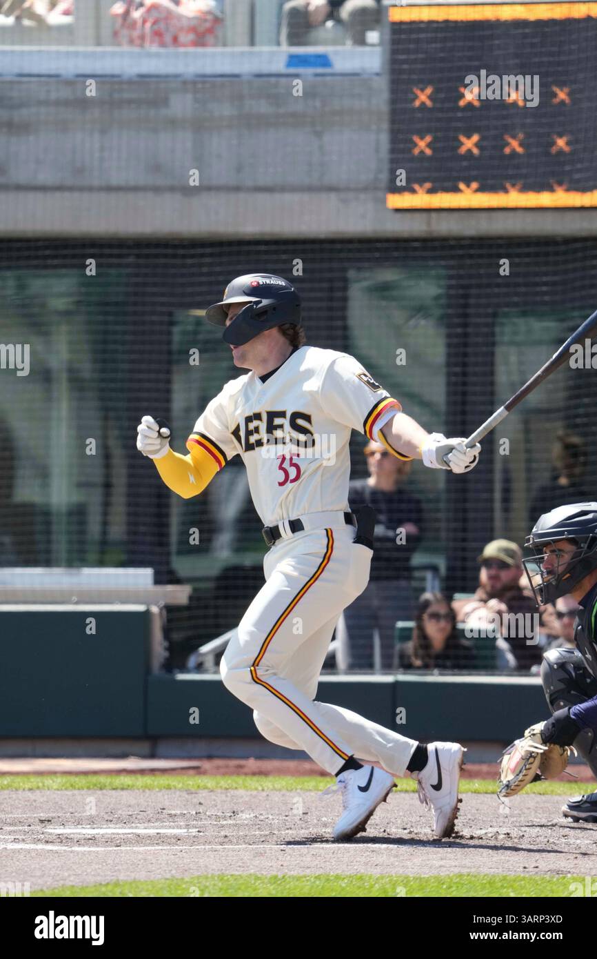 April 13 2025: Salt Lake third baseman Chad Stevens (35) gets a hit ...