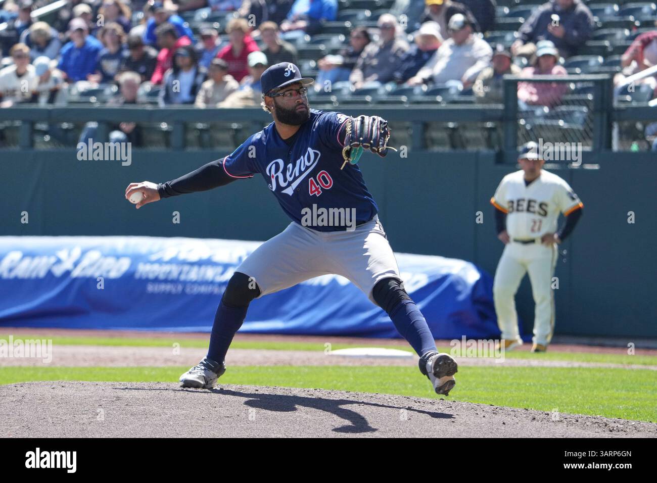 April 13 2025: Reno pitcher Christian Montes de Oca (40) throws a pitch ...