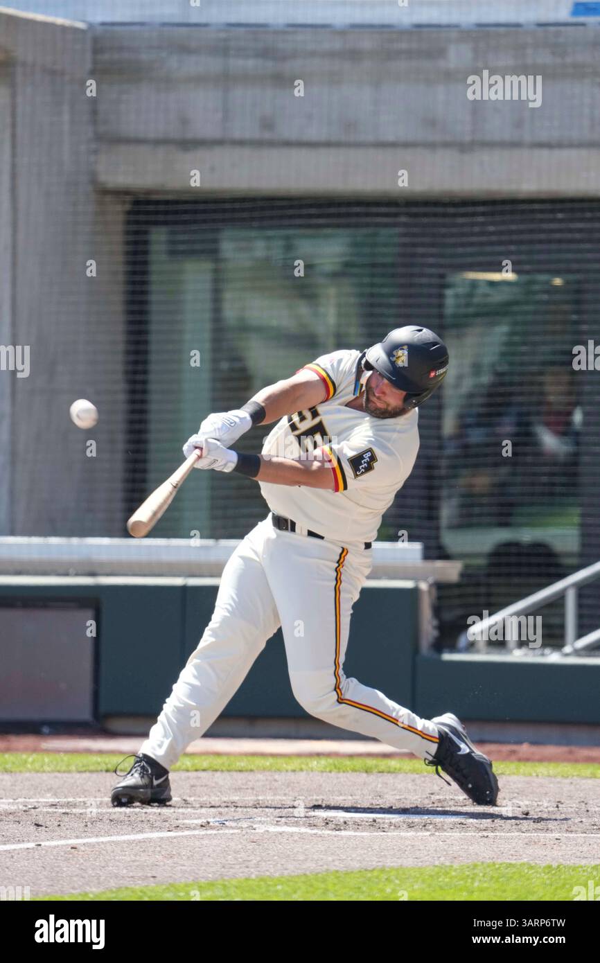 April 13 2025: Salt Lake shortstop Connor Kaiser (7) gets a hit during ...