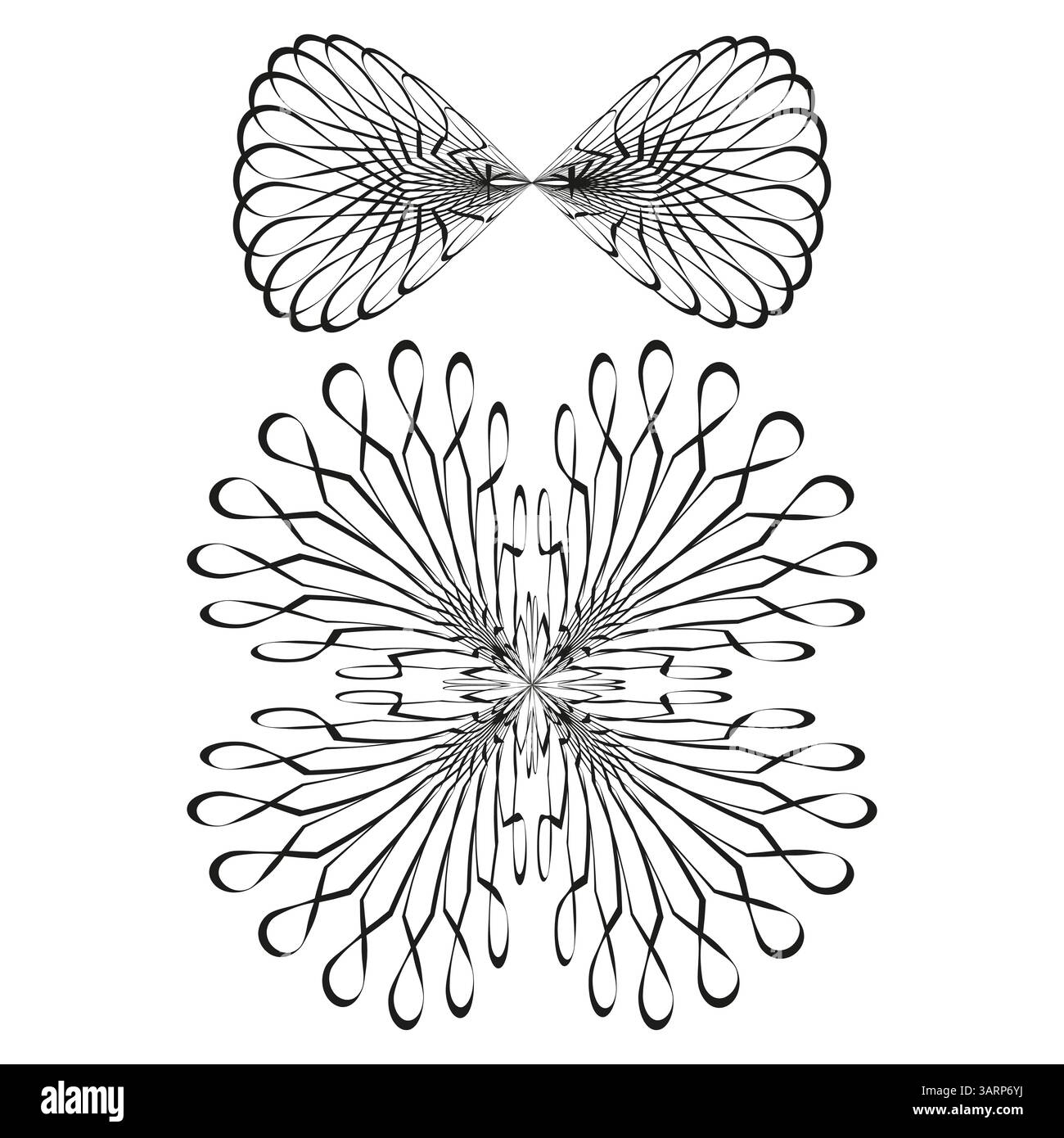 Semicircle radial elements. Vector line design. Black on white background. Symmetrical shape ...