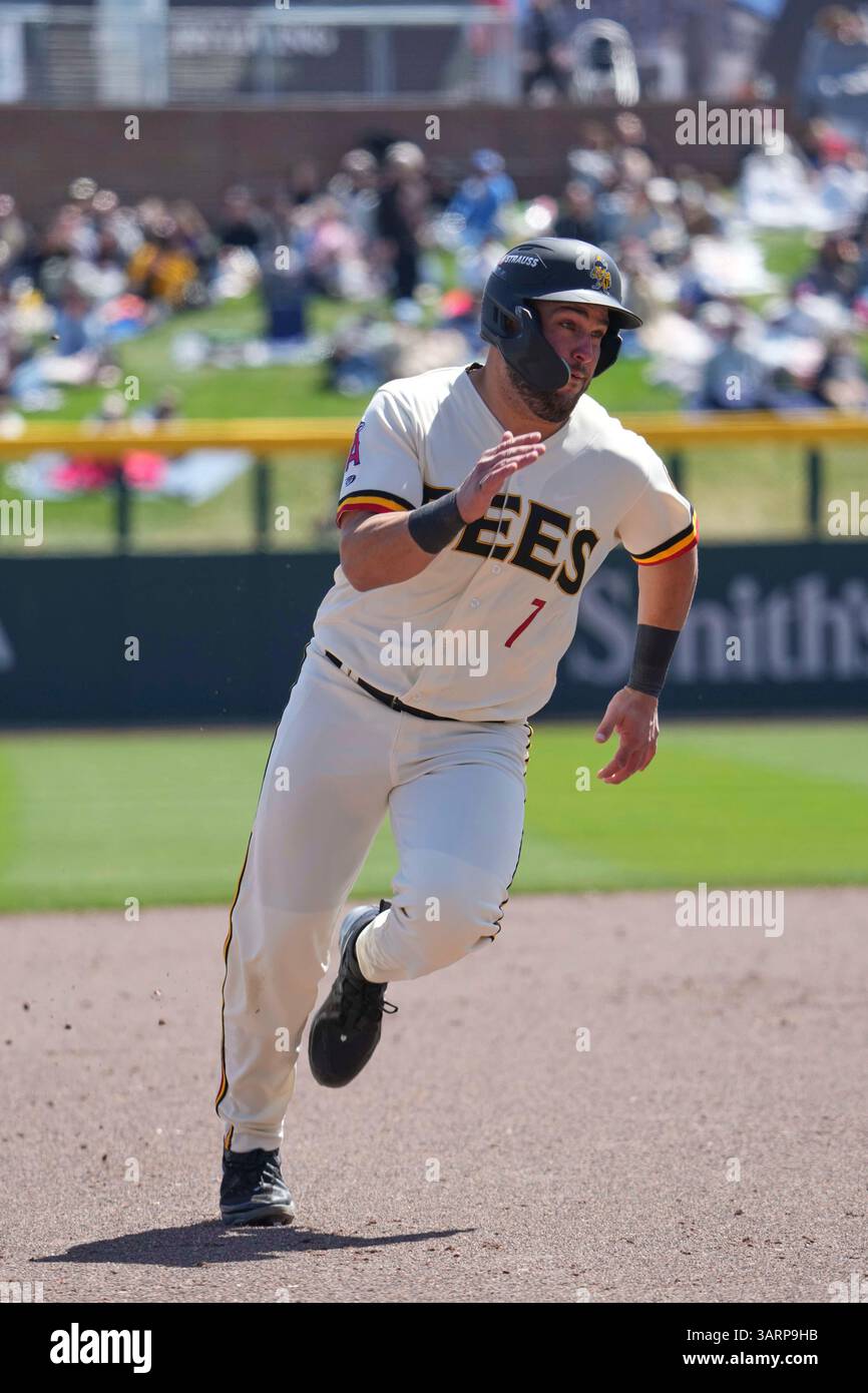 April 13 2025: Salt Lake shortstop Connor Kaiser (7) runs to third ...