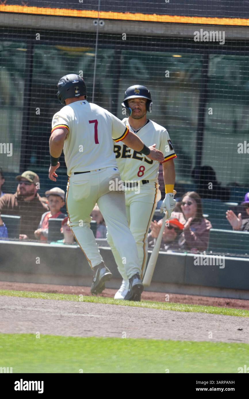 April 13 2025: Salt Lake shortstop Connor Kaiser (7) scores a run ...