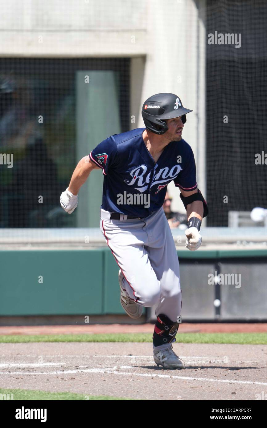 April 13 2025: Reno left fielder Trey Mancini (34) gets a hit during ...
