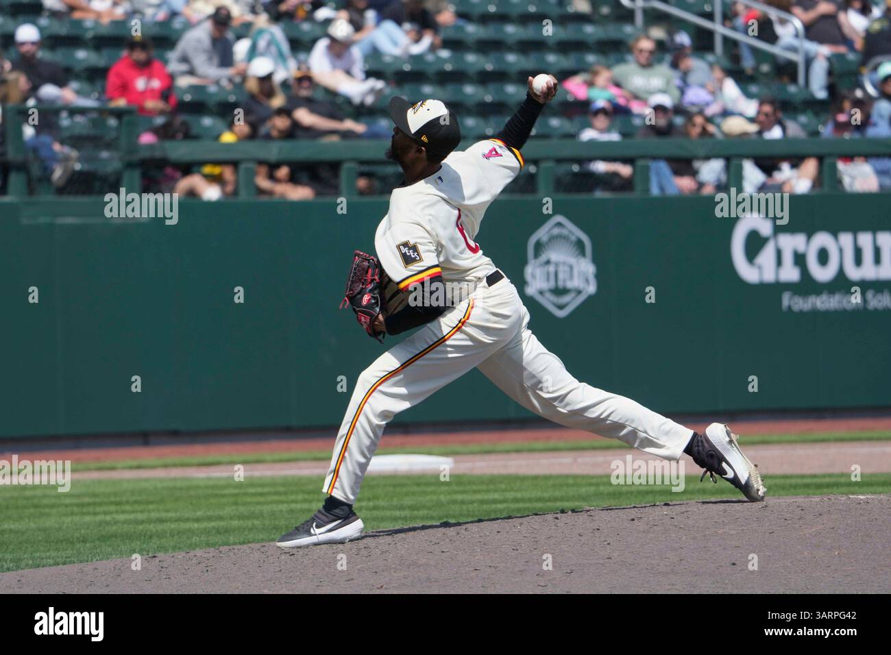 April 13 2025: Salt Lake pitcher Carl Edwards Jr (6) throws a pitch ...