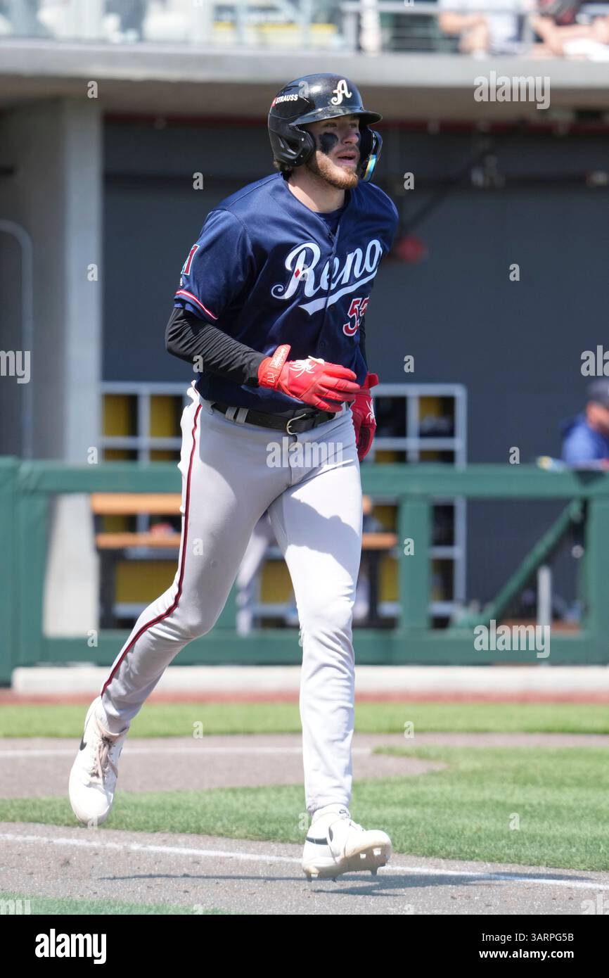 South Jordan UT, USA. 13th Apr, 2025. Reno right fielder A.J. Vukovich ...