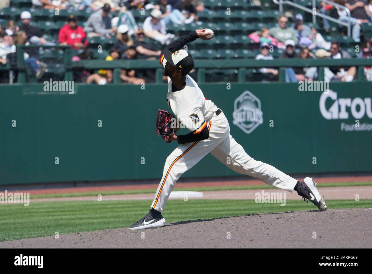 April 13 2025: Salt Lake pitcher Carl Edwards Jr (6) throws a pitch ...
