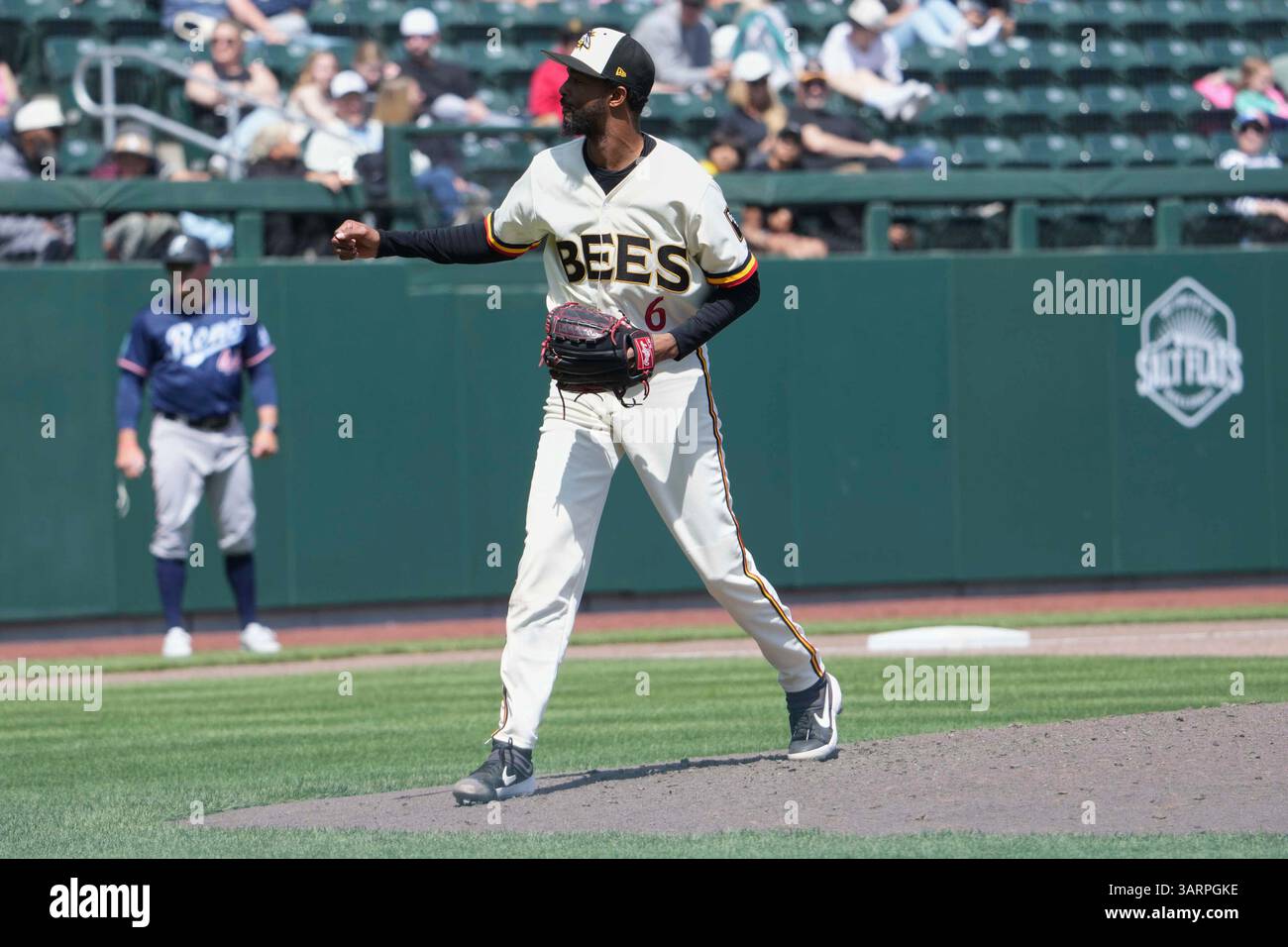 April 13 2025: Salt Lake pitcher Carl Edwards Jr (6) throws a pitch ...
