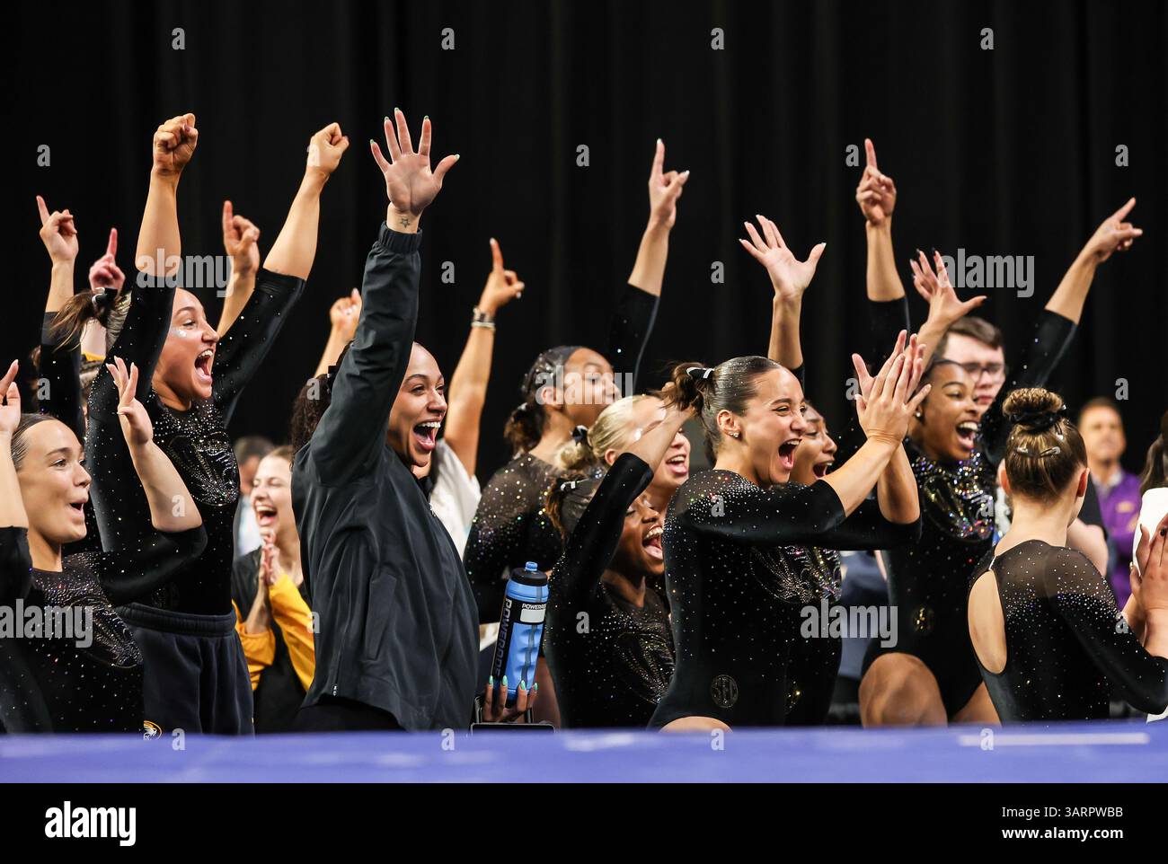 April 17, 2025: The Missouri women's gymnastics team celebrates moving ...