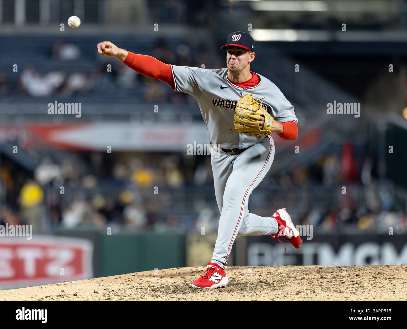 Pittsburgh, USA. 14th Apr, 2025. Washington Nationals pitcher Jackson ...