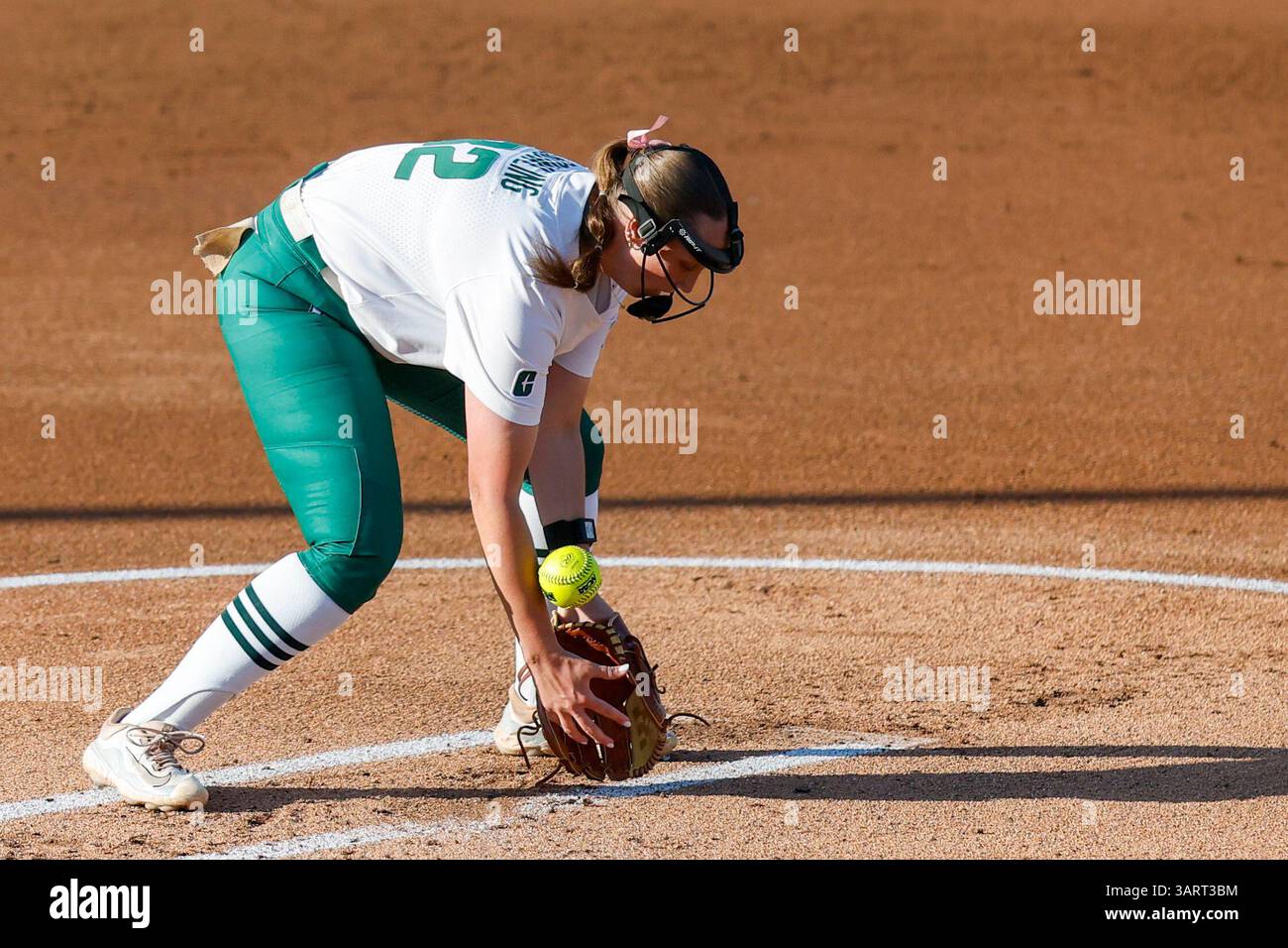 Charlotte pitcher Brooke Bowling fields the ball against UTSA during an ...