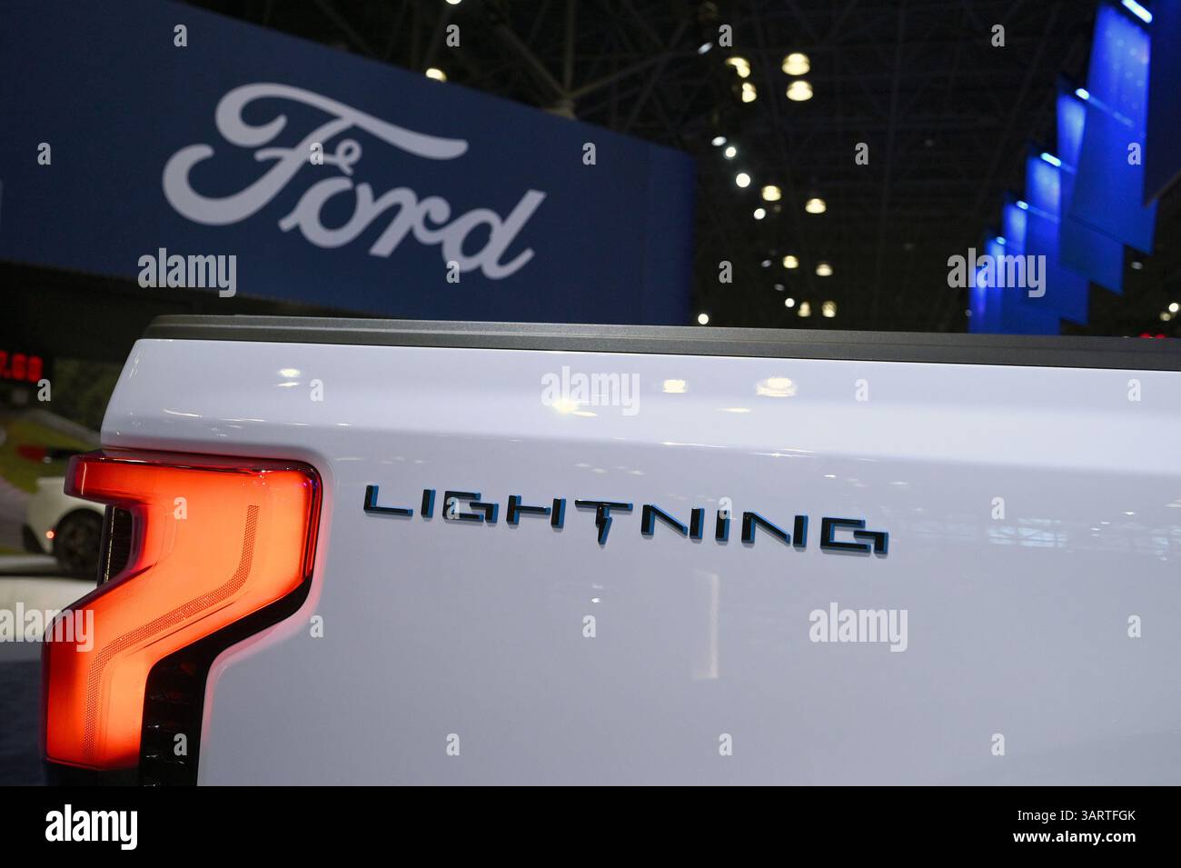 New York, USA. 17th Apr, 2025. Ford EV Lightning EV on display at the ...