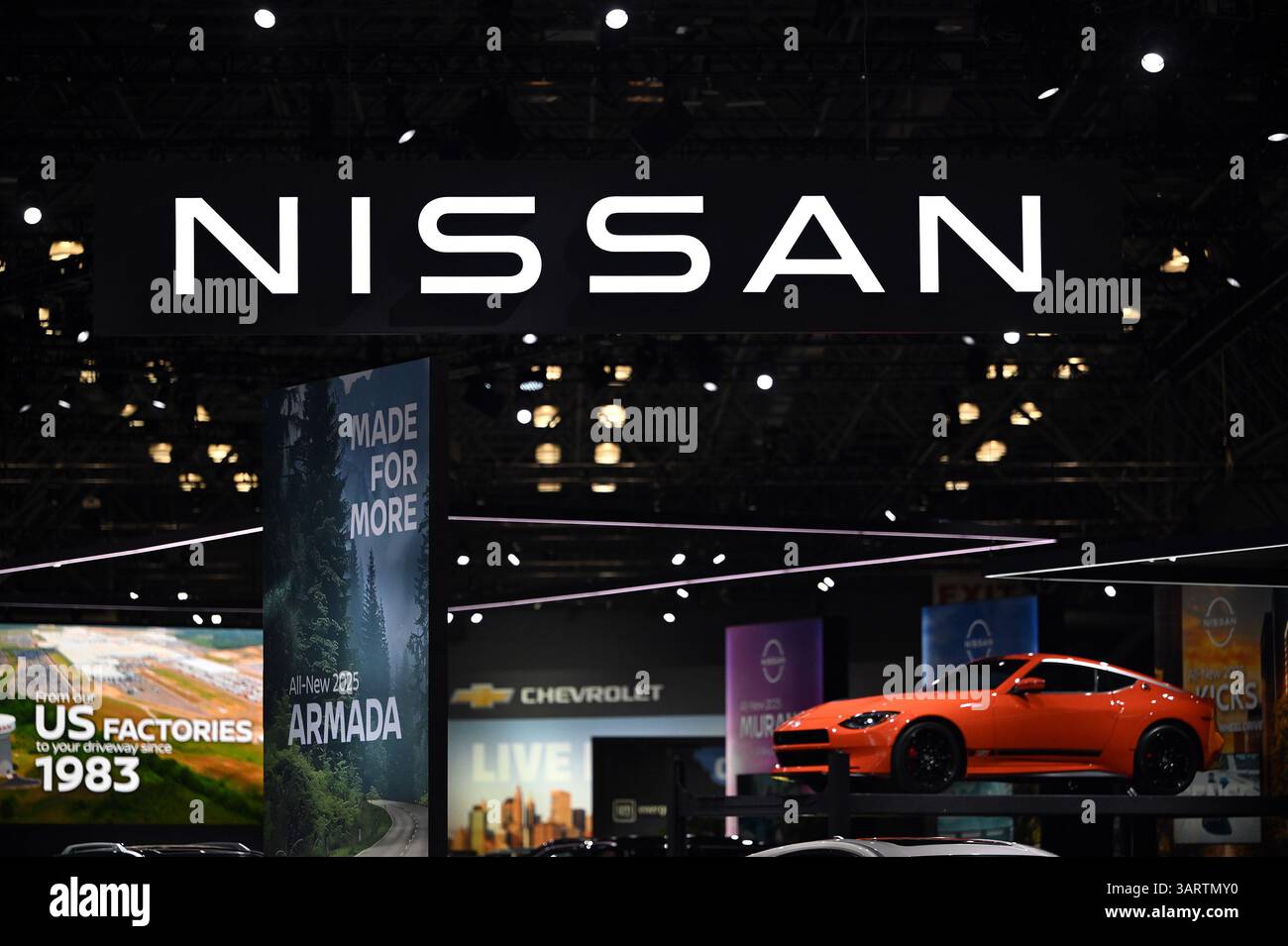 New York, USA. 17th Apr, 2025. Japanese automaker Nissan displays cars at the 2025 New York ...