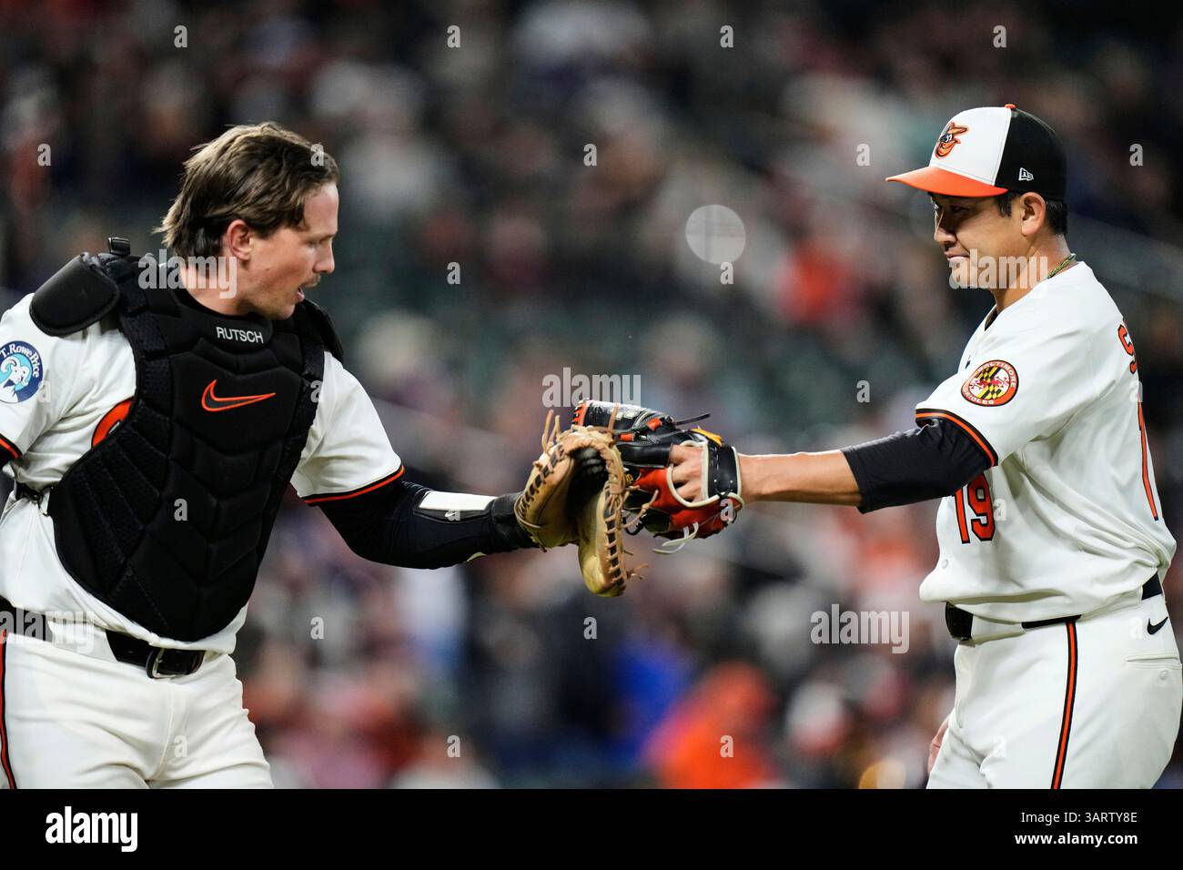 Baltimore Orioles starting pitcher Tomoyuki Sugano (19) celebrates with ...