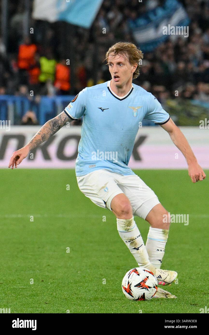 Rome, Italy. 17th Apr, 2025. Olimpico Stadium, Rome, Italy - Nicolo Rovella of SS Lazio on the ...