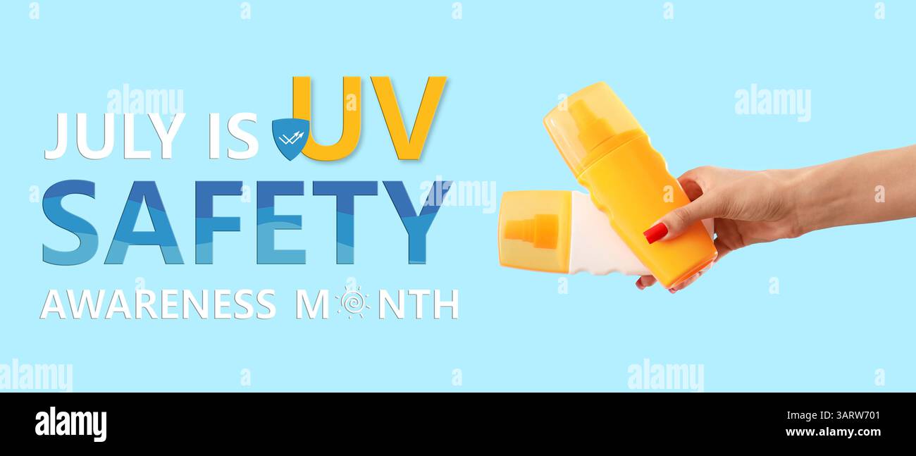 Female hand with sunscreen creams on blue background. Banner for UV ...