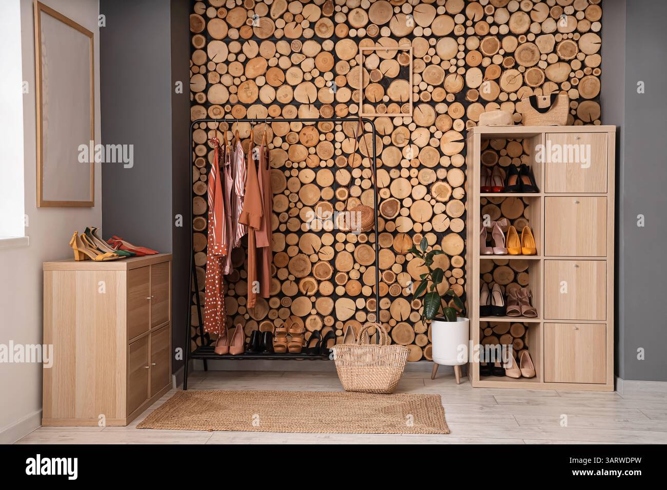 Interior of dressing room with clothes rack, drawers and female shoes ...