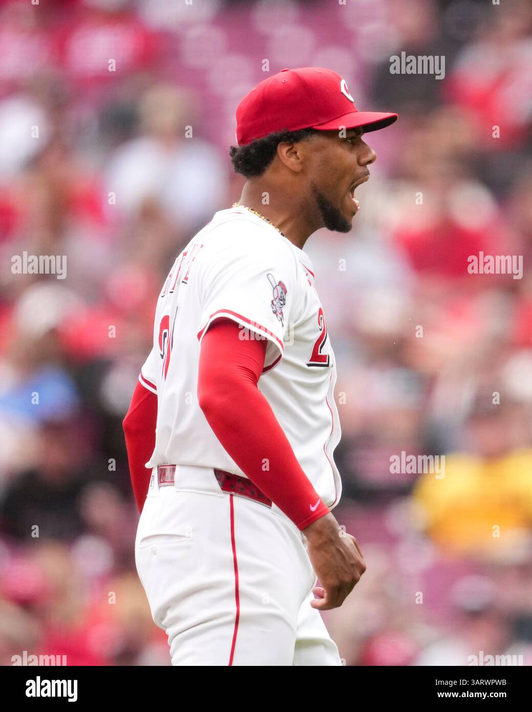 Cincinnati Reds pitcher Hunter Greene reacts during a baseball game ...
