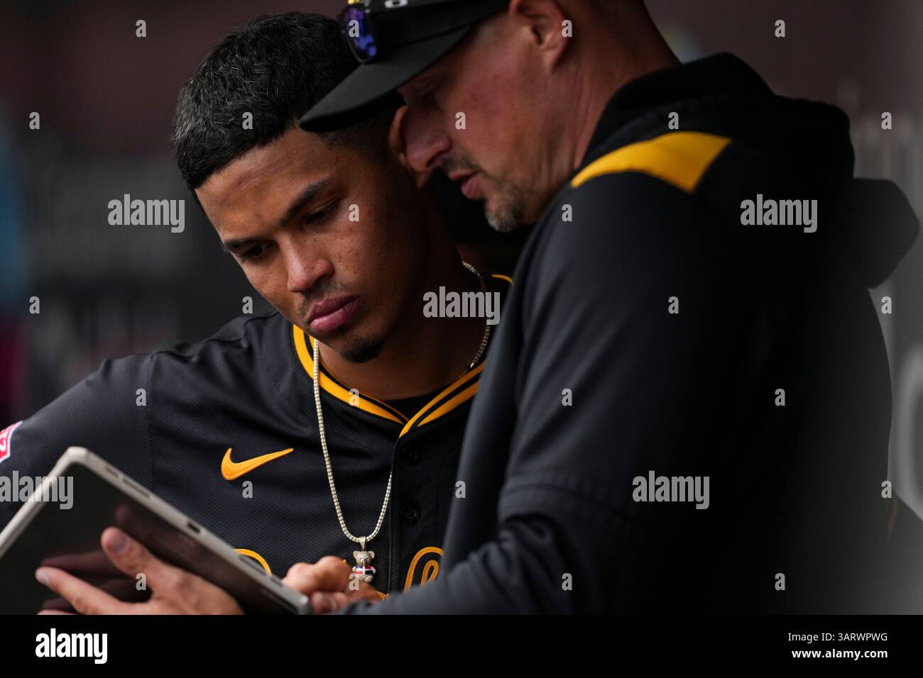 Pittsburgh Pirates catcher Endy Rodríguez (5) looks on during a ...