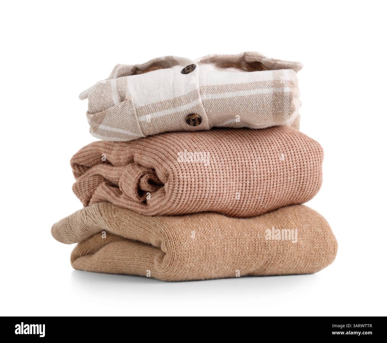 Stack of clean folded clothes isolated on white background Stock Photo ...