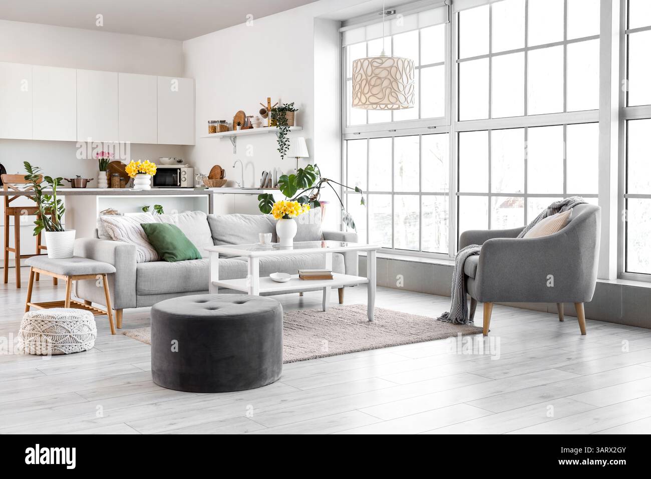 Interior of kitchen with counters, sofa and spring flowers Stock Photo ...