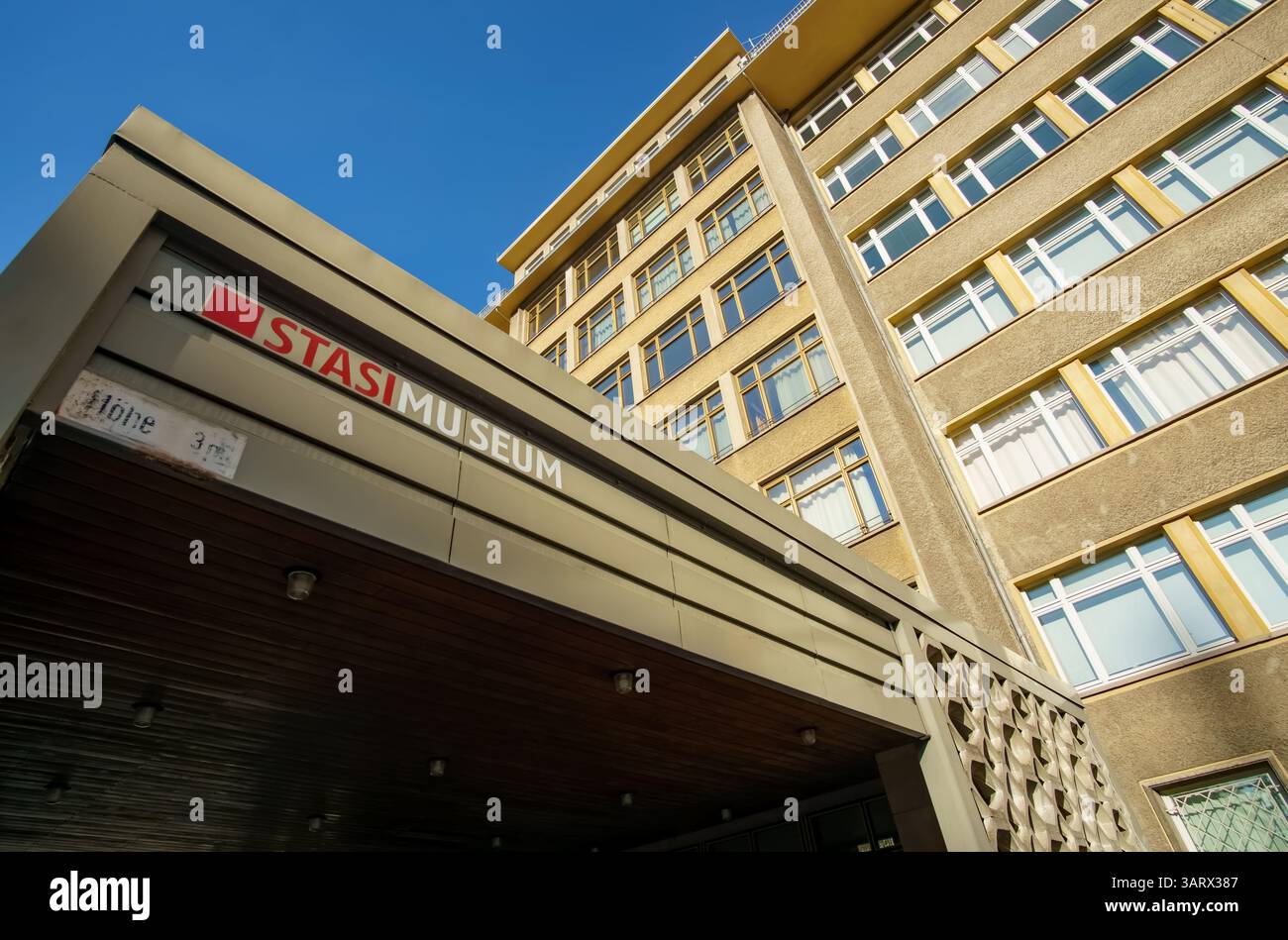 Entrance and facade of the Stasi Museum in Berlin, located in the ...