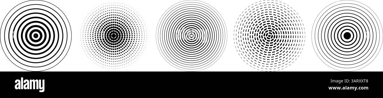 Black concentric circle set. Dotted and dashed sound wave ring ...