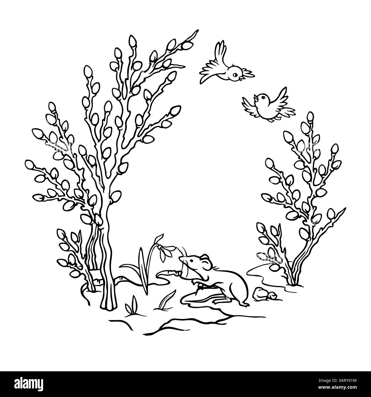 Round frame with spring landscape with space for text in the center ...