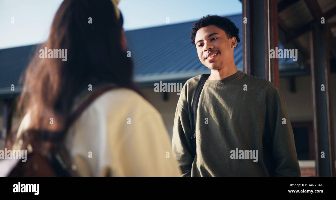 Friends, students and talking in hallway at high school for education ...