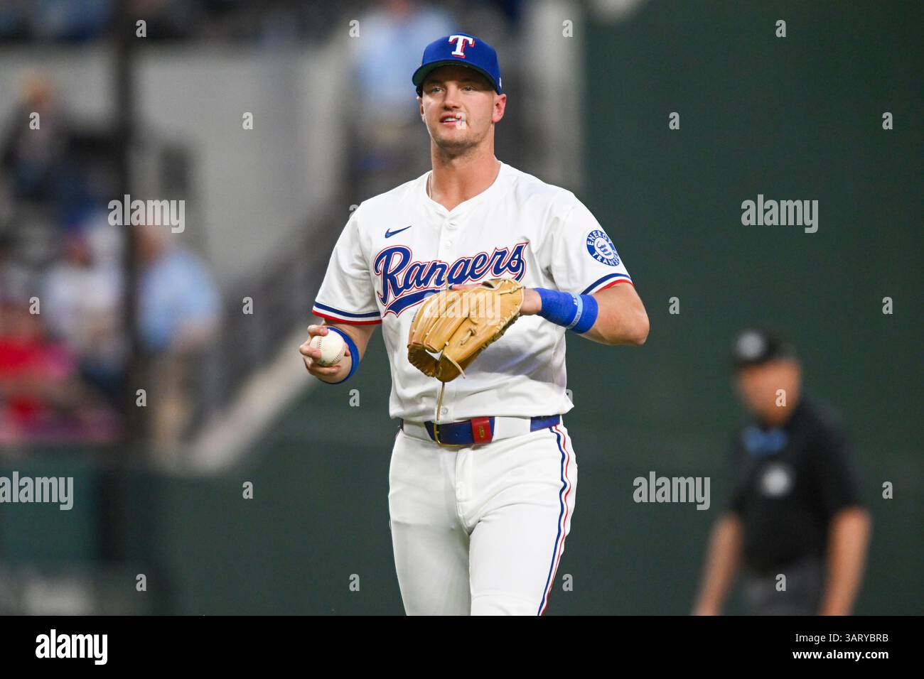 Texas Rangers third base Josh Jung prepares to throw the ball during a ...