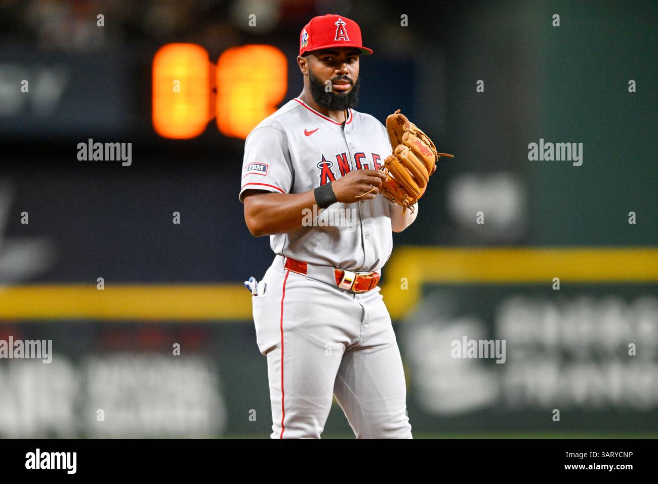 Los Angeles Angels third baseman Luis Rengifo looks to the dugout ...