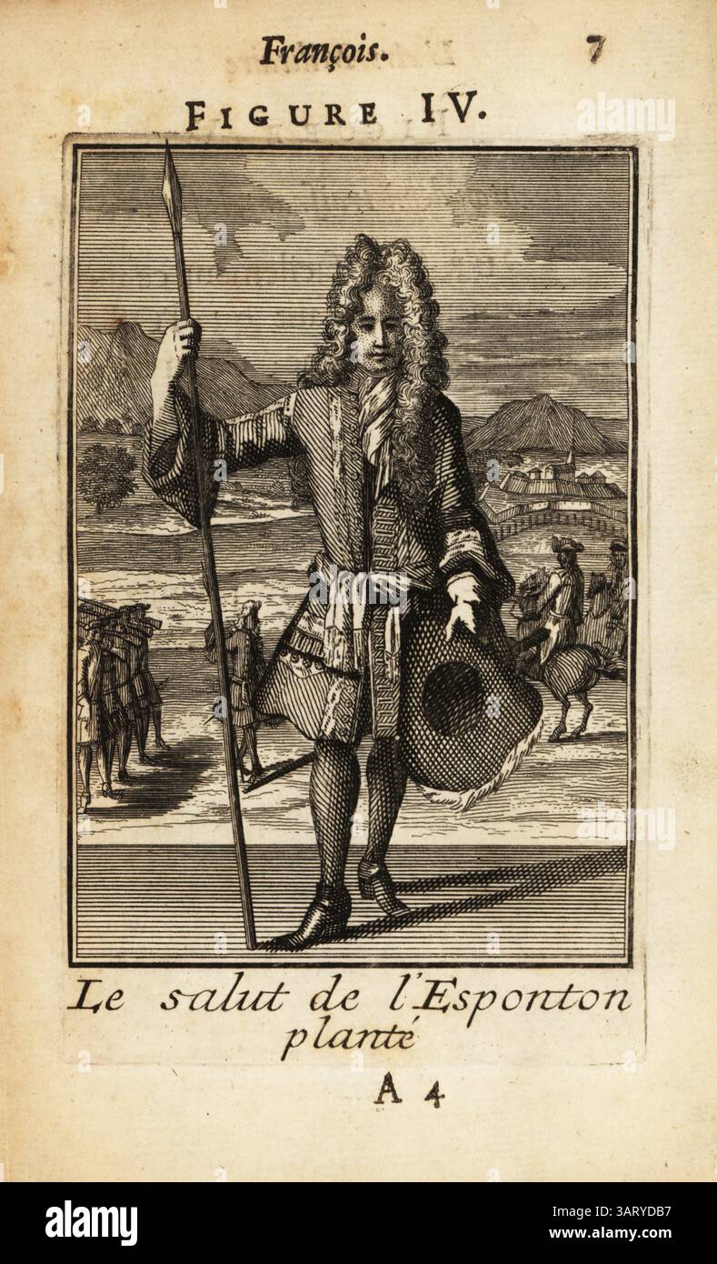 French officer making a salute holding a tricorn hat and spontoon ...