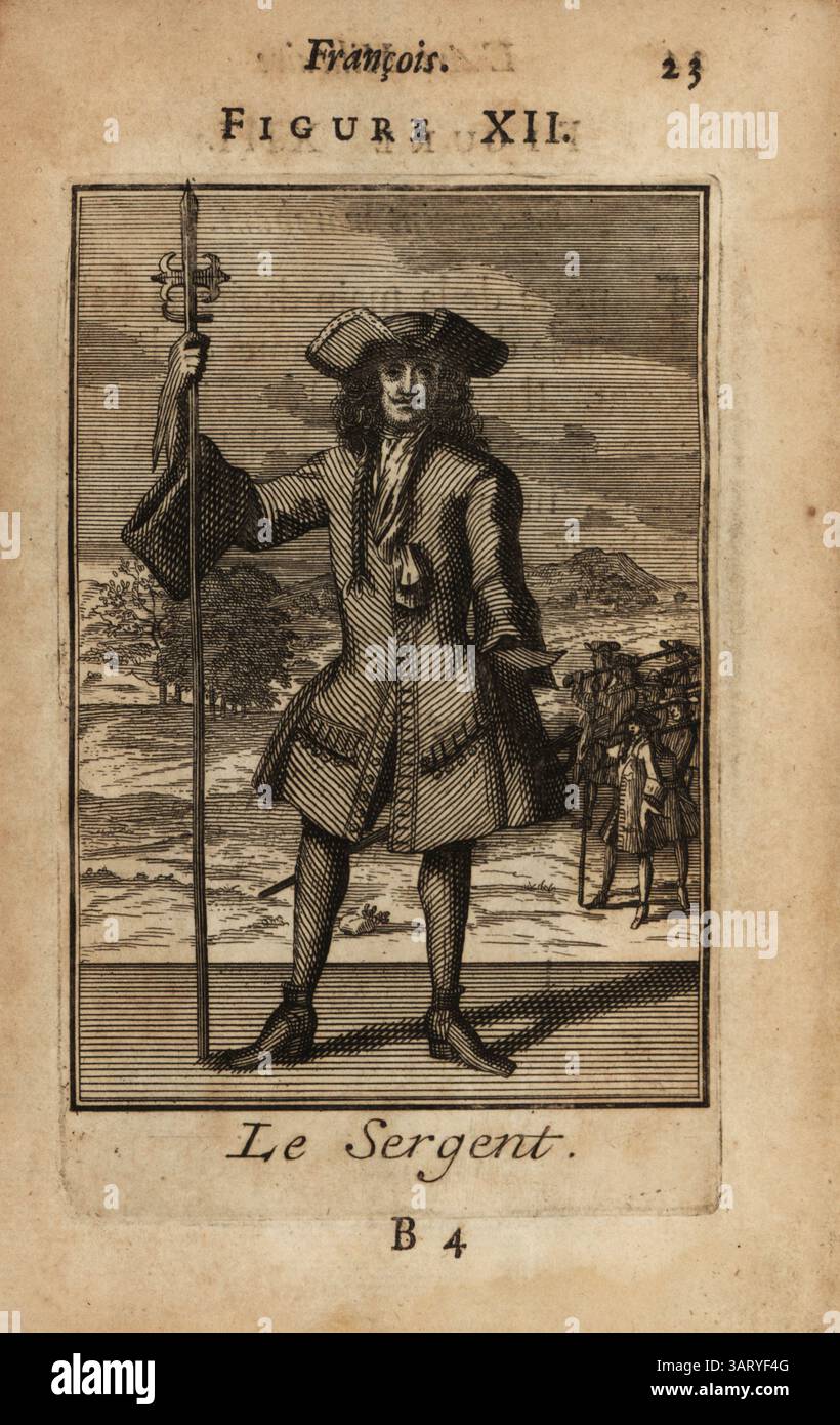 French sergeant with halberd. In tricorn, powdered wig with queue ...