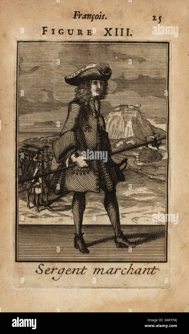 French sergeant marching with halberd. In tricorn, powdered wig with ...