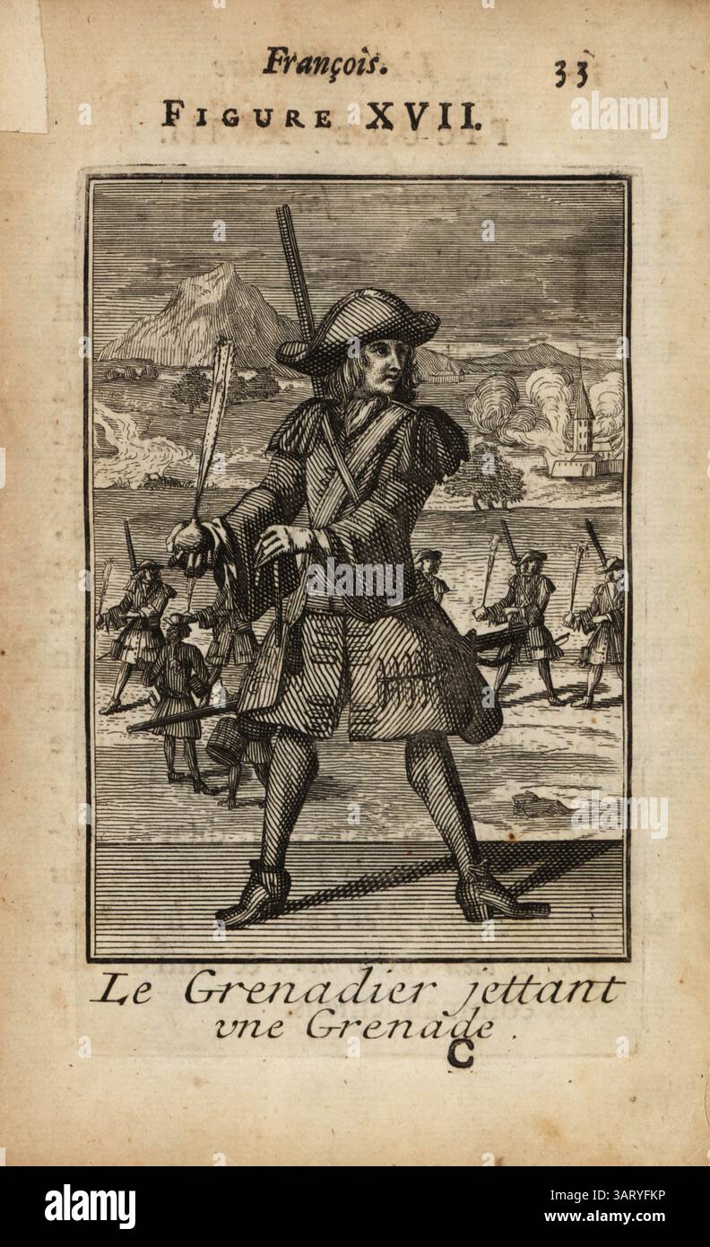 French grenadier throwing an explosive grenade. Soldier in tricorn ...