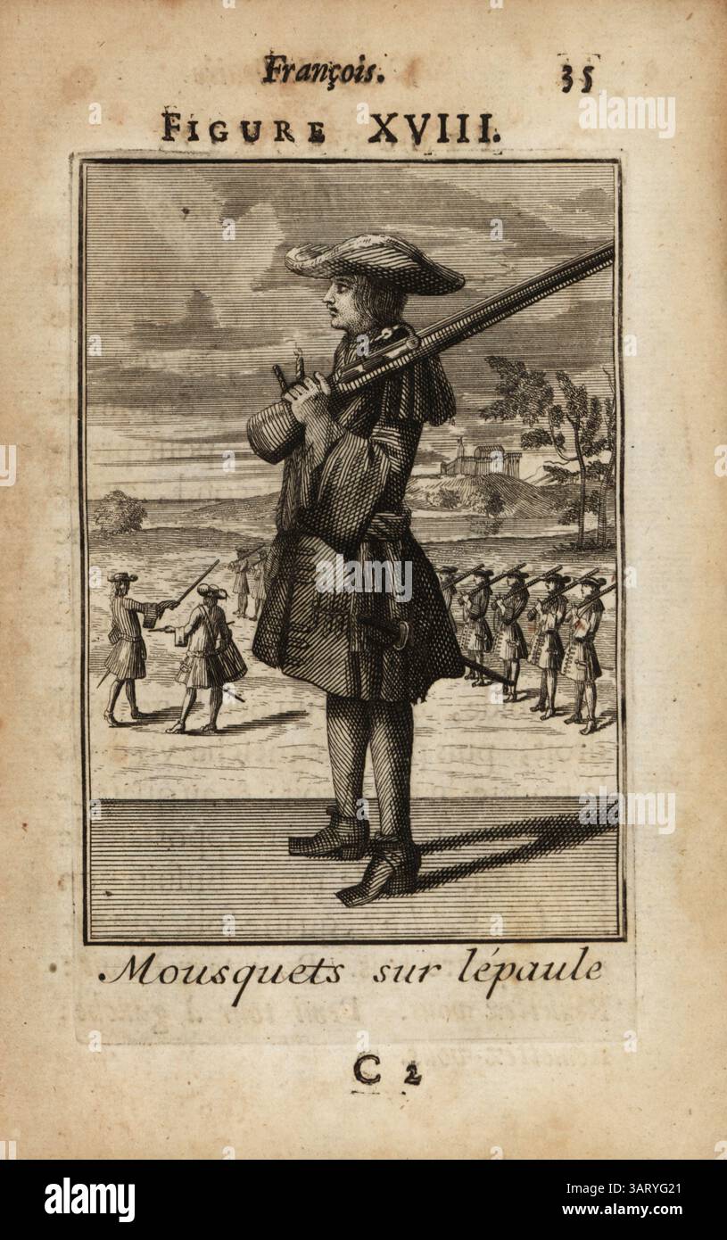 French soldier with matchlock musket in the shoulder position. In ...