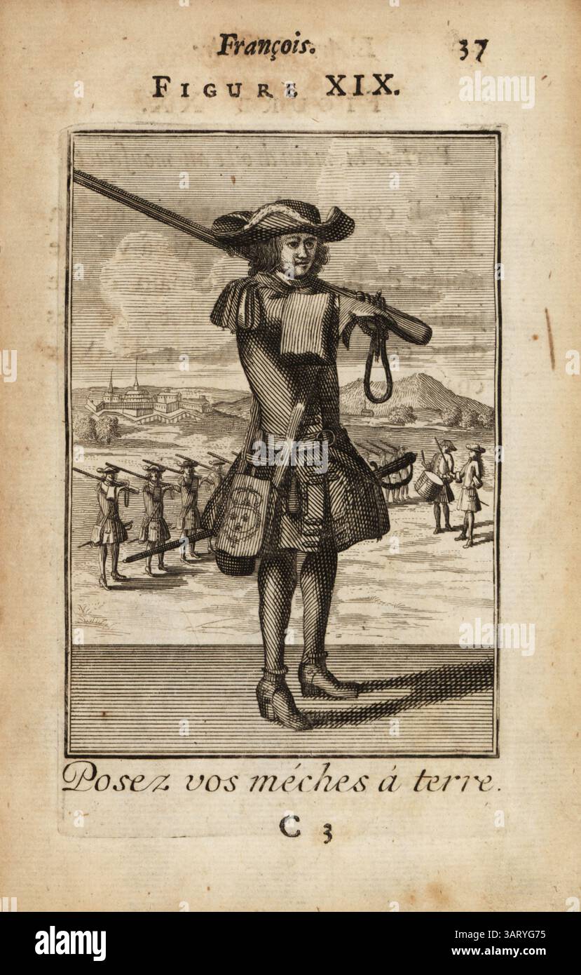 French soldier placing the wick on the ground. Musketeer in tricorn ...