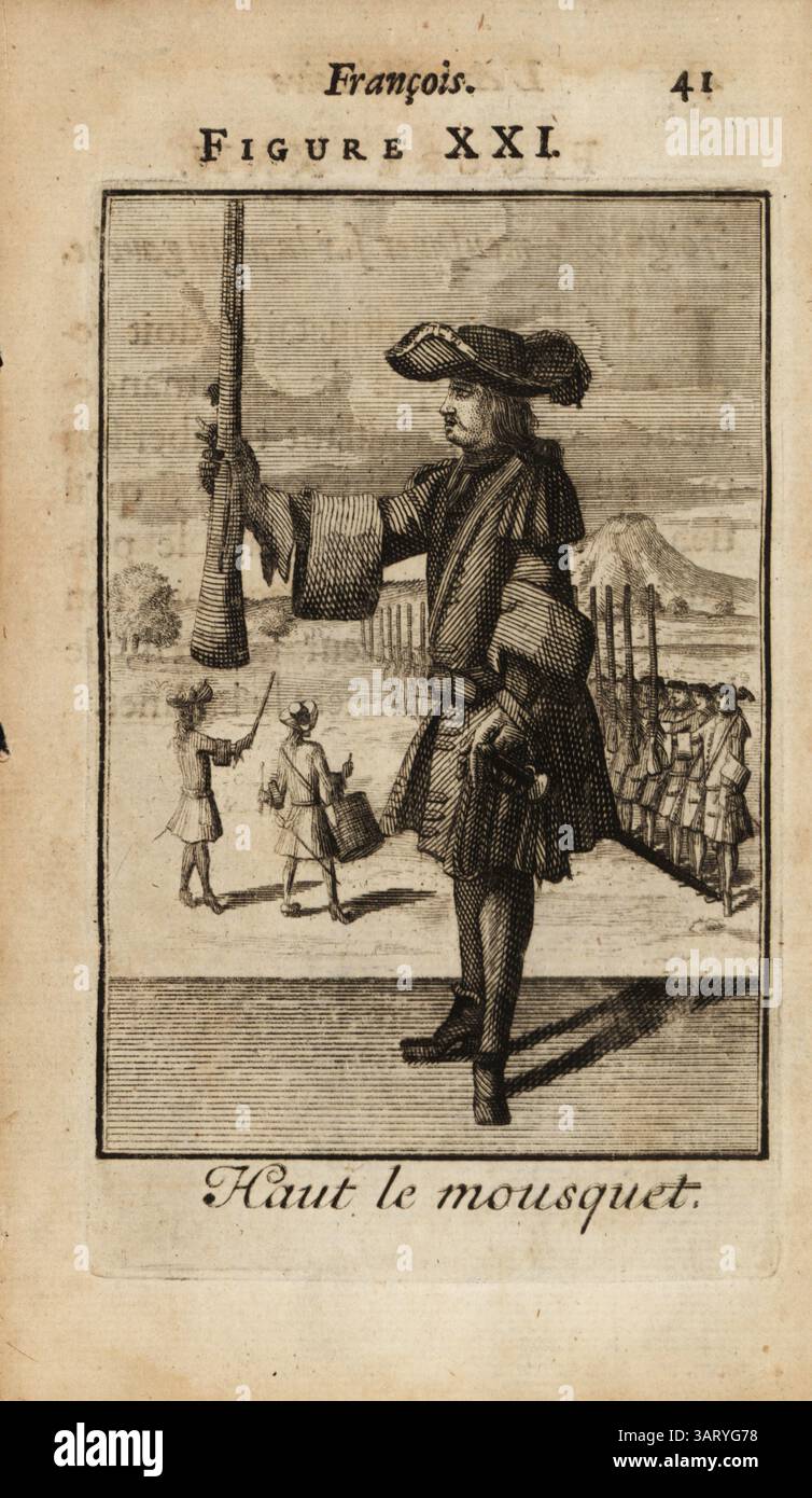 French soldier raising his musket. Musketeer in tricorn, military coat ...
