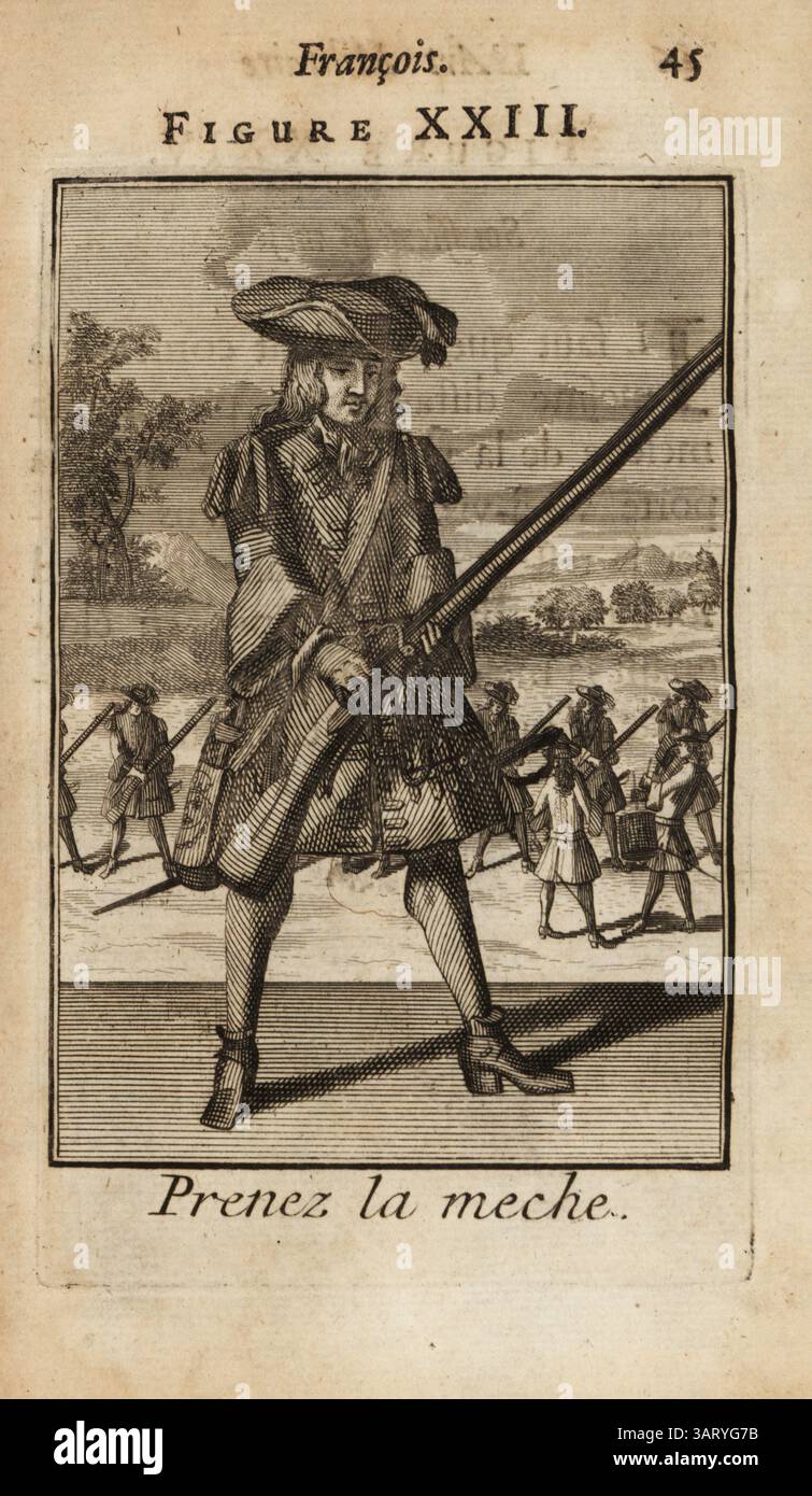 French musketeer holding the slow match of his matchlock musket ...
