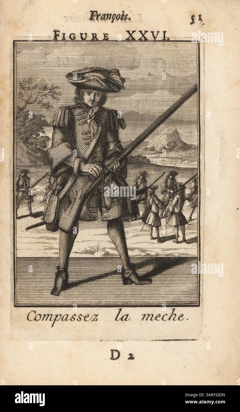 French soldier measuring the slow match on his matchlock musket ...