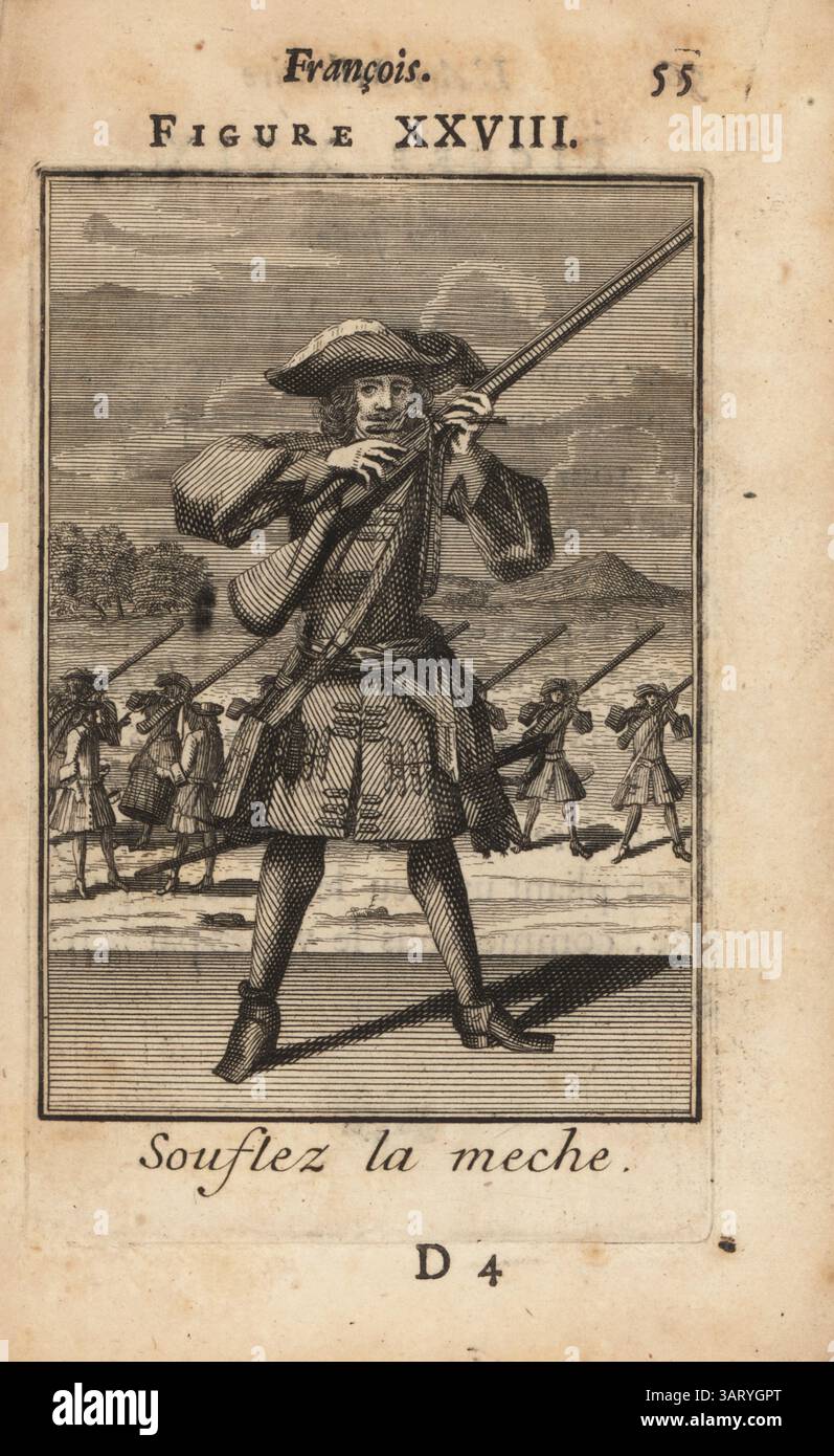 French soldier blowing on the slow match of his matchlock musket ...