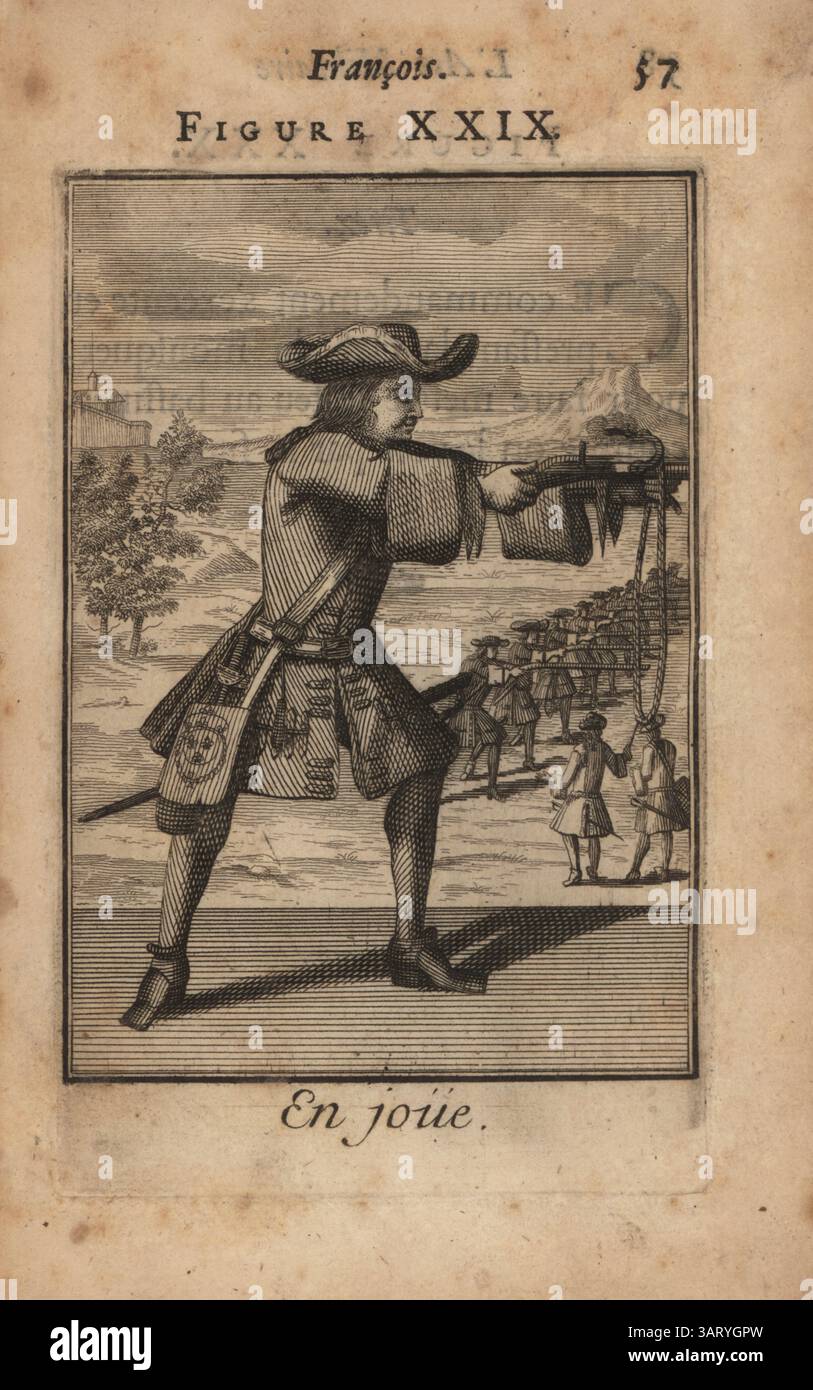 French soldier taking aim with his matchlock musket. Musketeer in ...