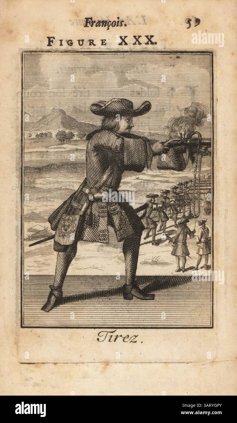 French soldier firing his matchlock musket. Gunpowder explodes in the ...