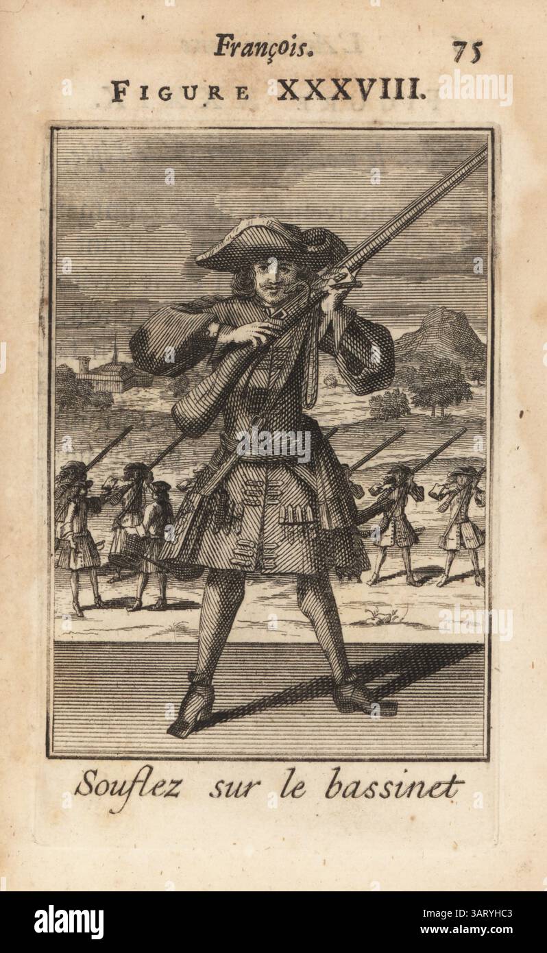 French soldier blowing on the flash pan of his matchlock musket ...