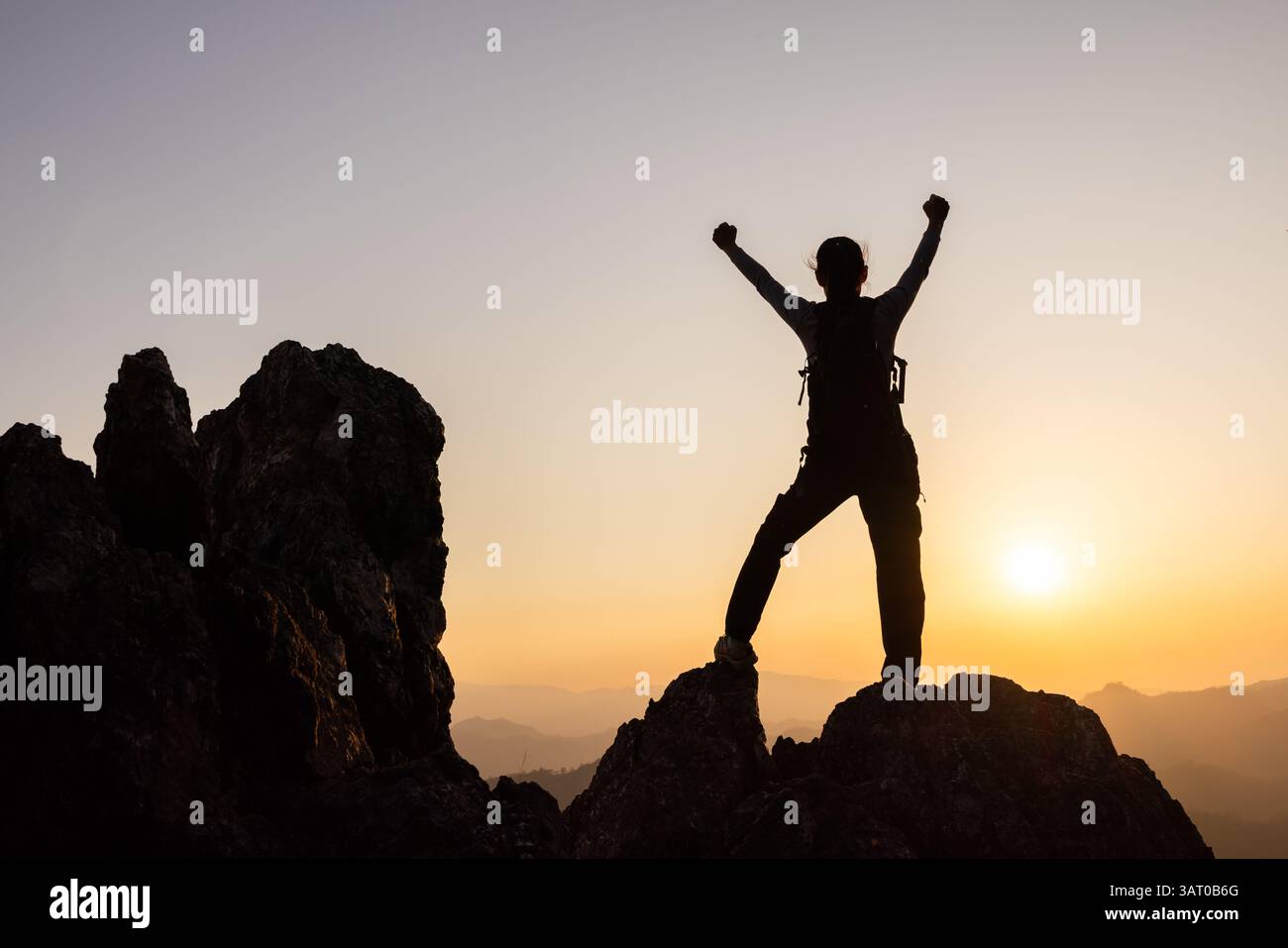 Woman climber success silhouette in mountains, achievement inspiration ...